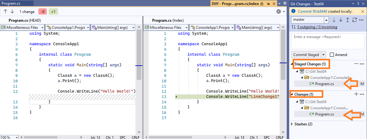 Git - Visual Studio 2022, v17.3.0, Line Staging