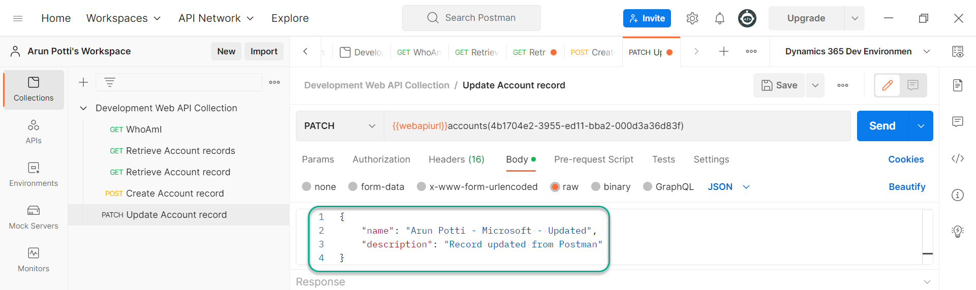 How To Update The Table Row Values In A Dataverse Environment From Postman