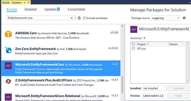 Installation And Un-Installation Of Entity Framework Core In ASP.NET MVC Core