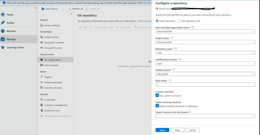 Integrating Azure DevOps Git with Azure Data Factory