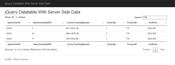 jQuery Datatable With Server Side Data