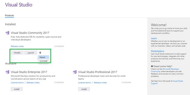 Modify, Repair, And Uninstall Visual Studio 2017 Using Visual Studio Installer