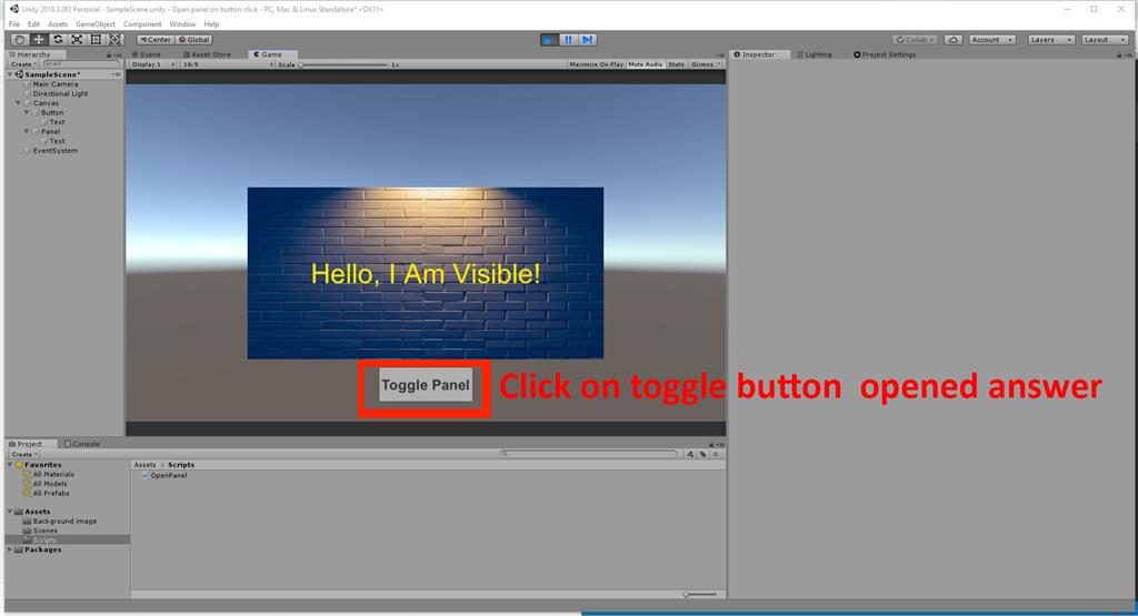 Open Panel On Button Click Using C# Script In Unity