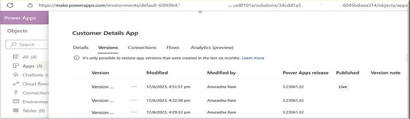 PowerApps Versions History and Restore Versions