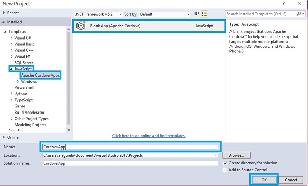 Quick Start On Apache Cordova Using Visual Studio 2015