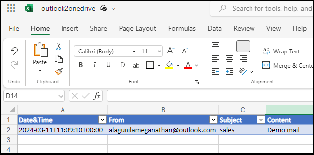 Save specific Email to Excel File using Azure Logic App