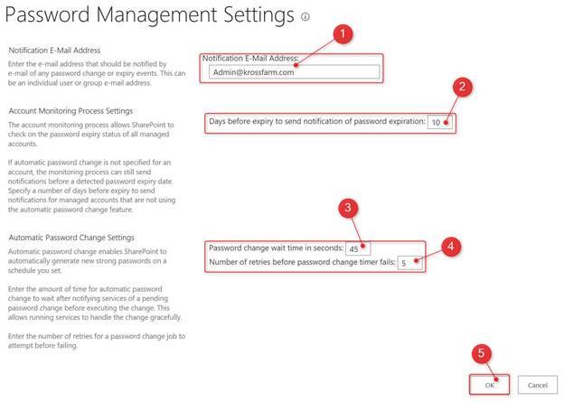 SharePoint 2016 Central Admin - Security - Configure Password Change Settings