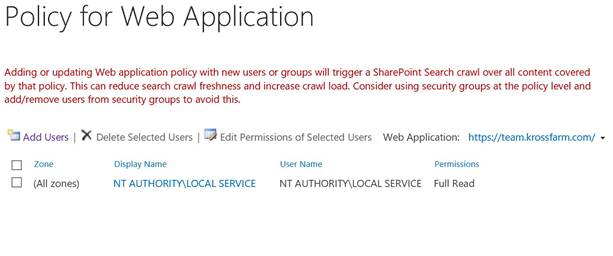 SharePoint 2016 Central Admin - Security - Specify Web Application User Policy