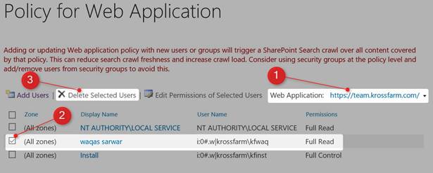 SharePoint 2016 Central Admin - Security - Specify Web Application User Policy