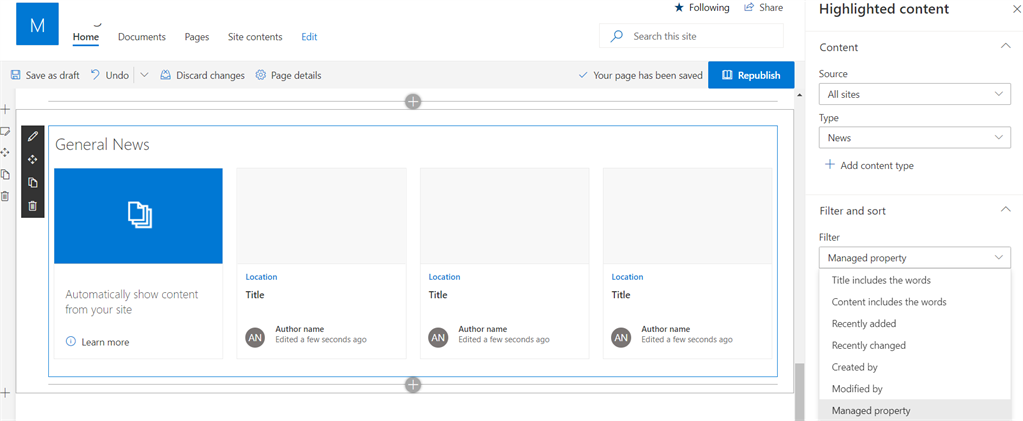 Setup Sharepoint Highlighted Content Webpart For Managed Property Filter