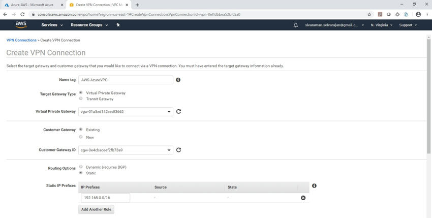 Site to Site VPN (AWS to Azure)