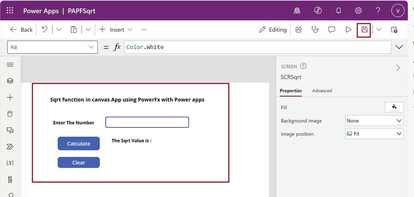 Sqrt function from Power Fx using Power Apps