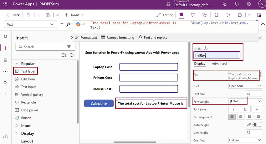 Sum Function in PowerFx using Canvas App with Power Apps
