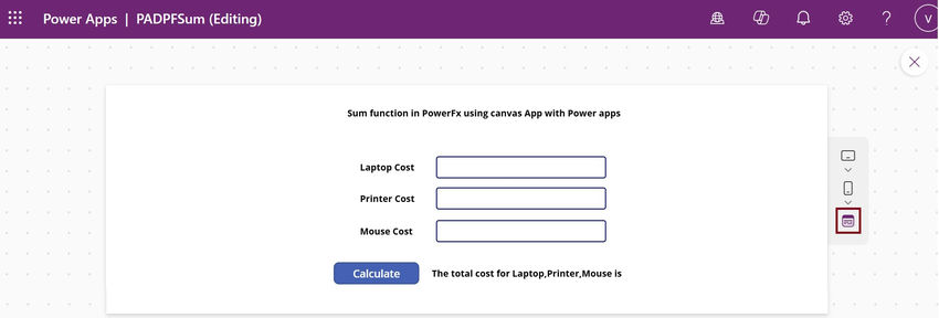 Sum Function in PowerFx using Canvas App with Power Apps