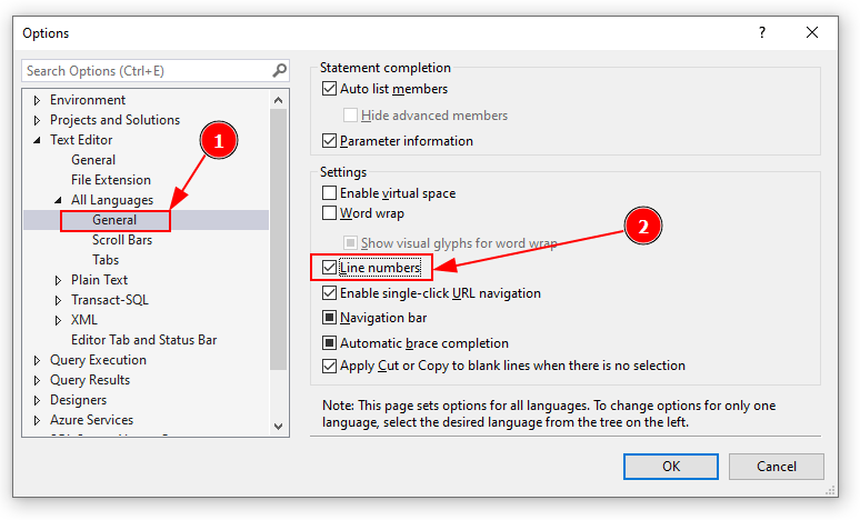 How to enable line numbers in SQL Server Management Studio (SSMS) How to enable line numbers in SQL Server Management Studio (SSMS)