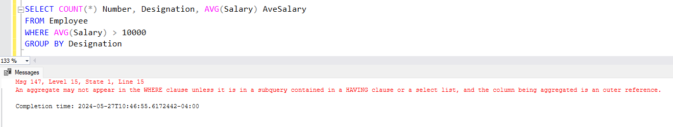 Sql Not Using Aggregate Function In Where Clause Instead Using Having Clause 0258