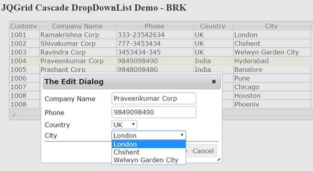 Cascading DropDownList In jqGrid Using MVC