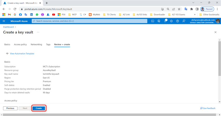 Use Azure Portal To Create A Azure Key Vault