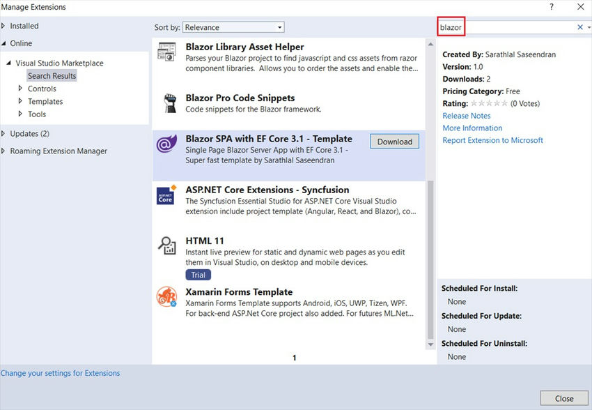 Visual Studio Extension For Blazor SPA With EF Core 3.1