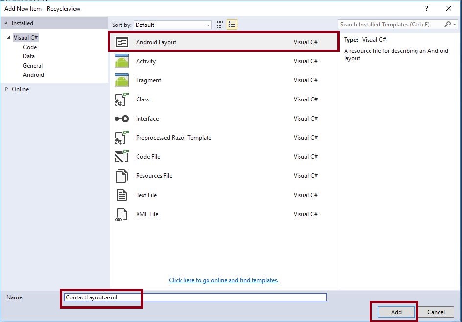 Xamarin Android Create Android Recycler View Using Material Design 