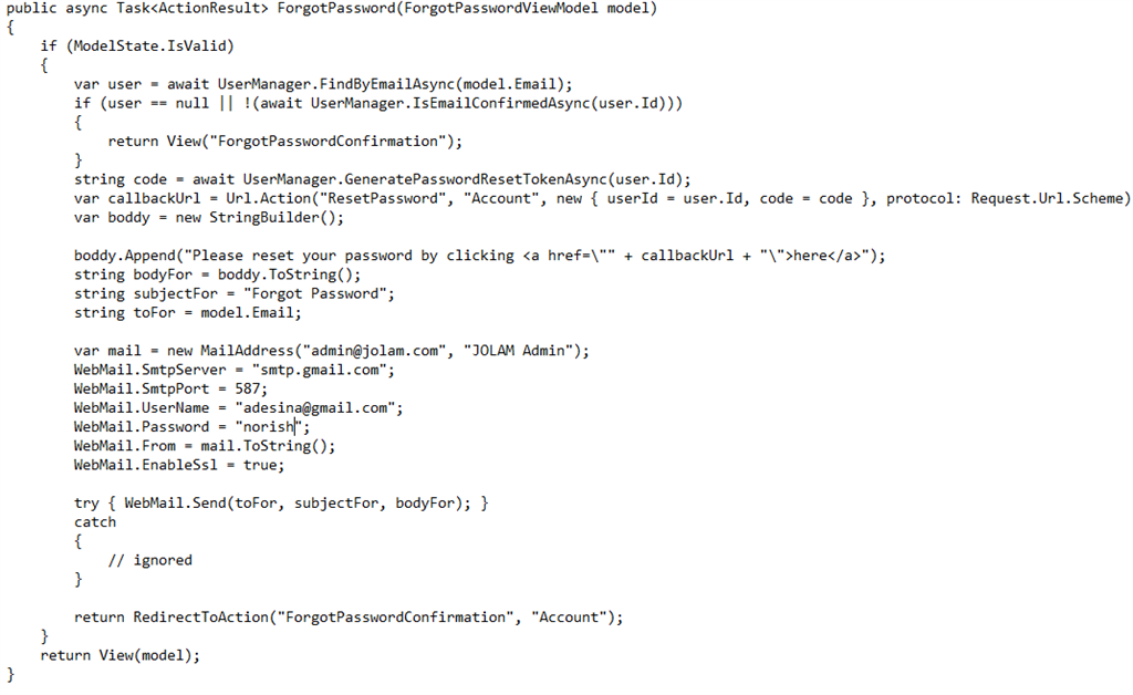 Forgot Password is not sending Email in ASP.NET MVC Identity